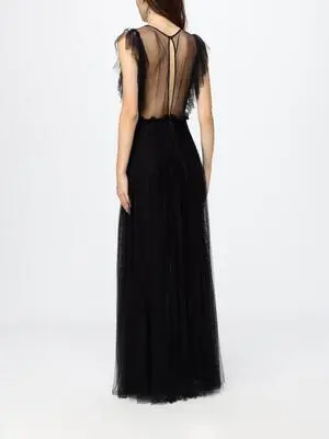 Elisabetta Franchi Long Tulle Gown With V-neck And Ruched Details - Black