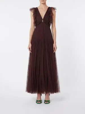 Elisabetta Franchi Long Tulle Gown With V-neck And Ruched Details - Brown