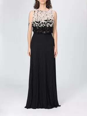 Elisabetta Franchi Lurex Jersey Gown With Flower Appliqu - Black