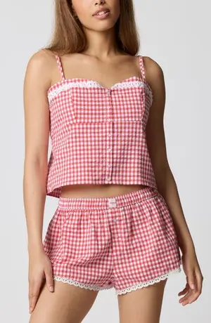 FLORENCE BY MILLS Lace Trim Gingham Crop Camisole - Red Gingham