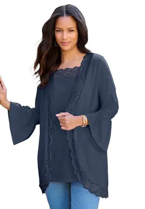 Roaman's Lace Detailed Cardigan And Tank Set - Navy