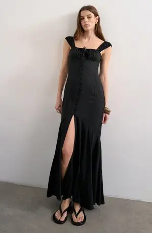Topshop Tie Front Cap Sleeve Maxi Dress - Black