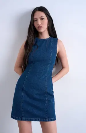 Topshop Sleeveless Denim Shift Mini Dress - Medium Blue