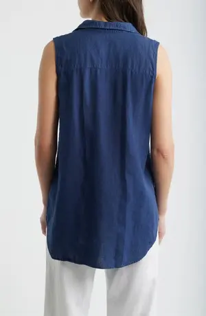 Frank & Eileen Finley Sleeveless Linen Button-up Shirt - Navy