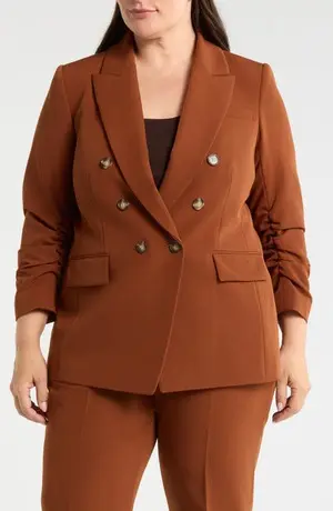 TAHARI ASL Double-breasted Blazer With Ruched Sleeves - Cinnamon