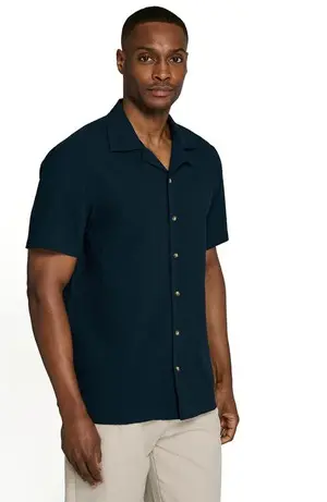BROOKLYN BRIGADE Solid Myrtle Short Sleeve Seersucker Camp Shirt - Navy