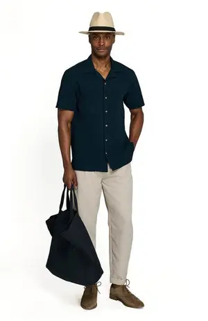 BROOKLYN BRIGADE Solid Myrtle Short Sleeve Seersucker Camp Shirt - Navy