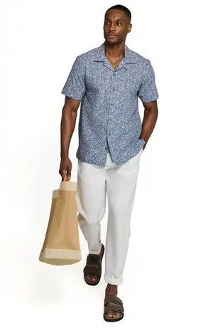 BROOKLYN BRIGADE Floral Vine Short Sleeve Seersucker Camp Shirt - Navy