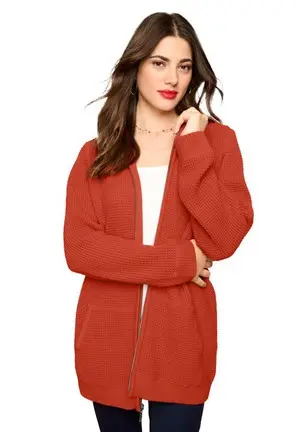 Roaman's Waffle Knit Zip-front Relaxed Hoodie - Copper Red