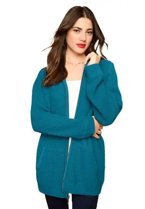 ROAMAN'S Waffle Knit Zip-front Relaxed Hoodie - Deep Teal