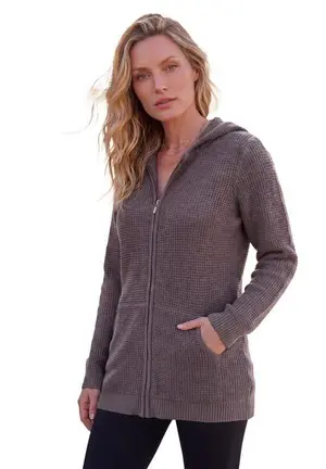 Roaman's Roaman's Waffle Knit Zip-Front Relaxed Hoodie Medium Heather Grey