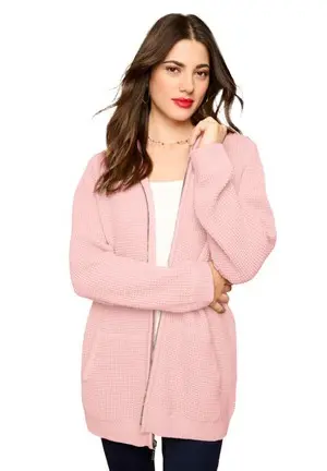 Roaman's Waffle Knit Zip-front Relaxed Hoodie - Soft Blush