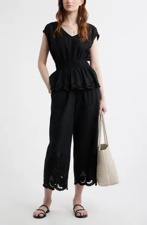 Treasure & Bond Eyelet Hem Peplum Top - Black