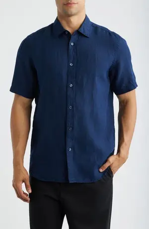 Bugatchi Orson Shaped Fit Short Sleeve Linen Button-up Shirt - Navy