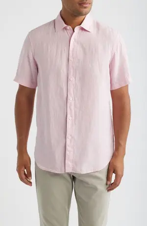 Bugatchi Orson Shaped Fit Short Sleeve Linen Button-up Shirt - Pink