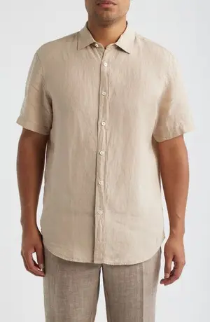 Bugatchi Orson Shaped Fit Short Sleeve Linen Button-up Shirt - Sand