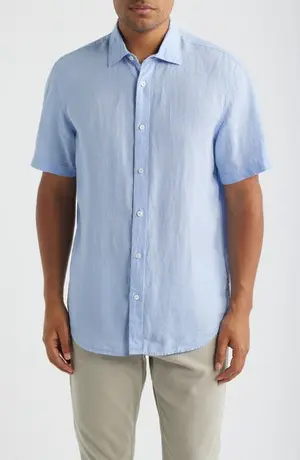 Bugatchi Orson Shaped Fit Short Sleeve Linen Button-up Shirt - Sky