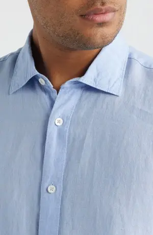 Bugatchi Orson Shaped Fit Short Sleeve Linen Button-up Shirt - Sky