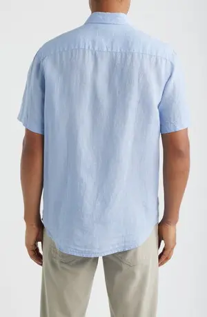 Bugatchi Orson Shaped Fit Short Sleeve Linen Button-up Shirt - Sky