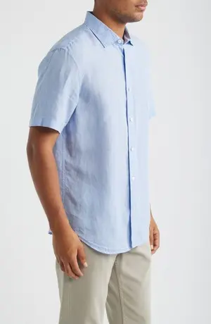 Bugatchi Orson Shaped Fit Short Sleeve Linen Button-up Shirt - Sky