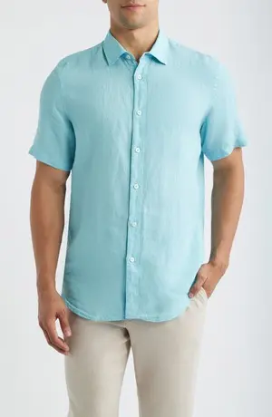 Bugatchi Orson Shaped Fit Short Sleeve Linen Button-up Shirt - Turquoise