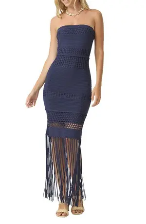 PQ SWIM Melissa Stitch Fringe Strapless Cover-up Maxi Dress - Navy