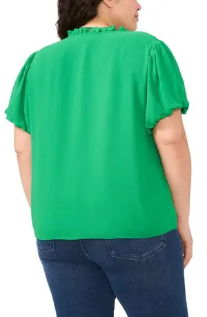CECE DUPRAZ Ruffle Tie Neck Puff Sleeve Top - Medium Green