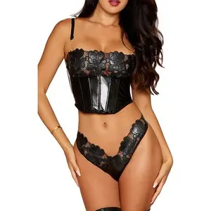 DREAMGIRL Crop Faux Leather Bustier & Thong Set - Black