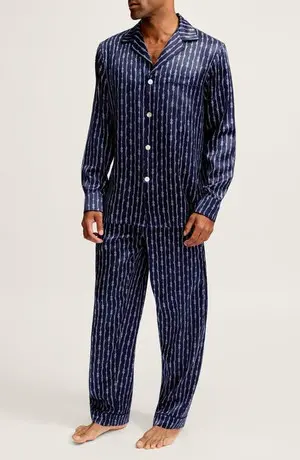 PETITE PLUME Nautical Stripe Mulberry Silk Pajamas - Navy