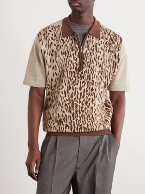 BEAMS Leopard-jacquard Cotton-blend Half-zip Polo Shirt - Neutrals