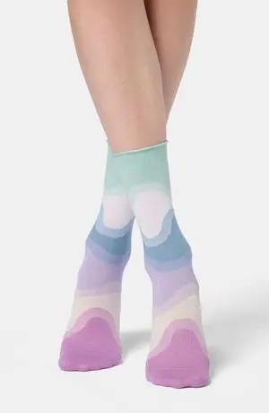 Oroblu Waves Jacquard Crew Socks - Sky