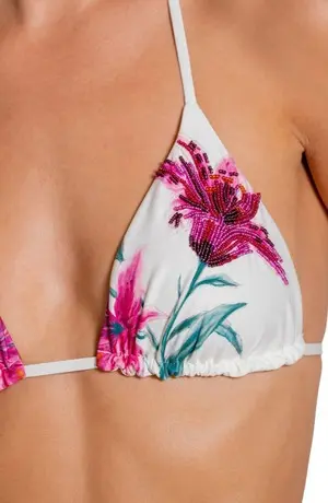 Cosita Linda Beaded Floral Triangle Bikini Top