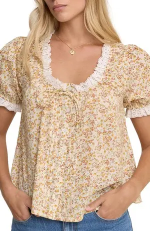 NOBODY'S CHILD Lumi Floral Eyelet Trim Button-up Top
