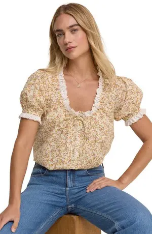 NOBODY'S CHILD Lumi Floral Eyelet Trim Button-up Top