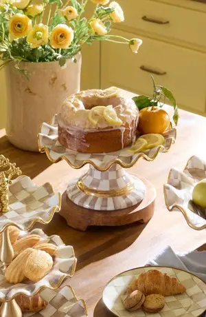 MACKENZIE-CHILDS Check Ceramic Fluted Cake Stand