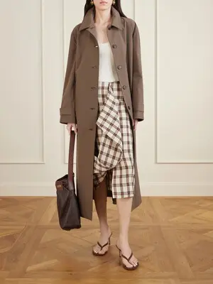 RÓHE Draped Checked Linen Midi Skirt - Brown