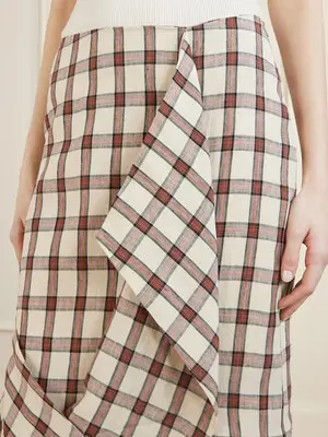 RÓHE Draped Checked Linen Midi Skirt - Brown