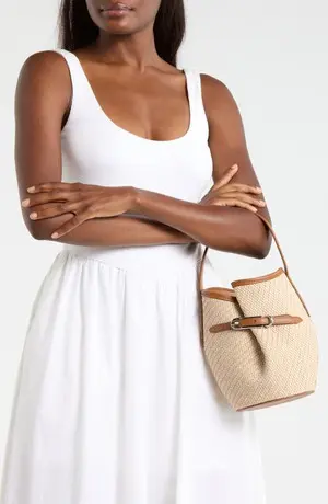 LIFFNER Mini Belted Raffia Bucket Bag - Beige