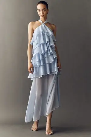 ELLIATT Eliane Halter Ruffle Asymmetrical Maxi Dress
