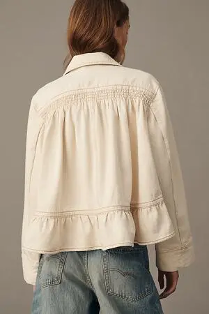 Anthropologie Cotton Denim Jacket With Ruffle Detail