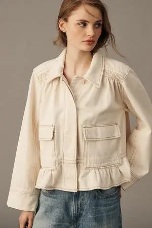 Anthropologie Cotton Denim Jacket With Ruffle Detail