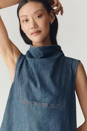 PILCRO Sleeveless Mock-neck Denim Mini Dress - Dark Denim
