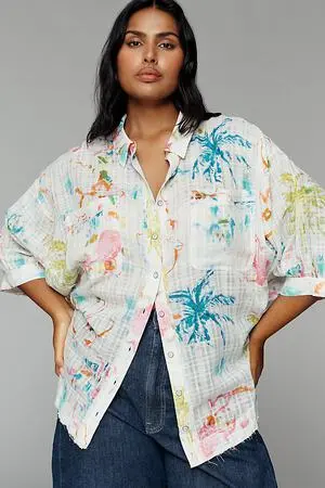 PILCRO 100% Cotton Summer Buttondown Shirt - Ivory Pattern