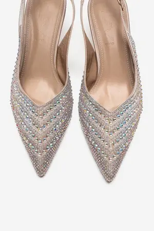 PROLOGUE SHOES Royale Embellished Kitten Heel Slingback Pumps - Beige
