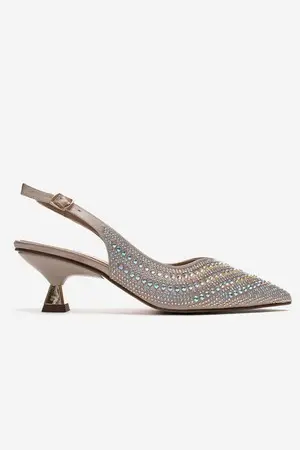 PROLOGUE SHOES Royale Embellished Kitten Heel Slingback Pumps - Beige