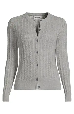 LANDS' END Cotton Pointelle Cardigan Sweater - Gray Heather