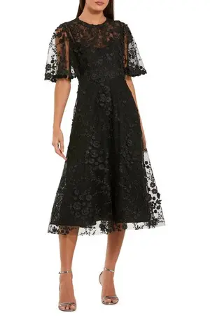 Mac Duggal Flutter Sleeve Embroidered Cocktail Midi Dress - Black