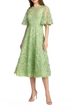 Mac Duggal Flutter Sleeve Embroidered Midi Dress - Sage