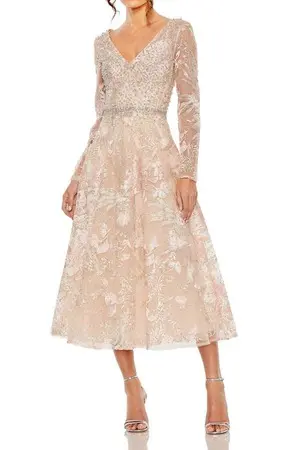 Mac Duggal Beaded Embroidered Long Sleeve V Neck Midi Dress - Blush