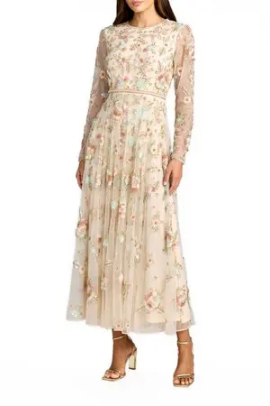 Mac Duggal Floral Embellished Long Sleeve Mesh Midi Dress - Beige Multi